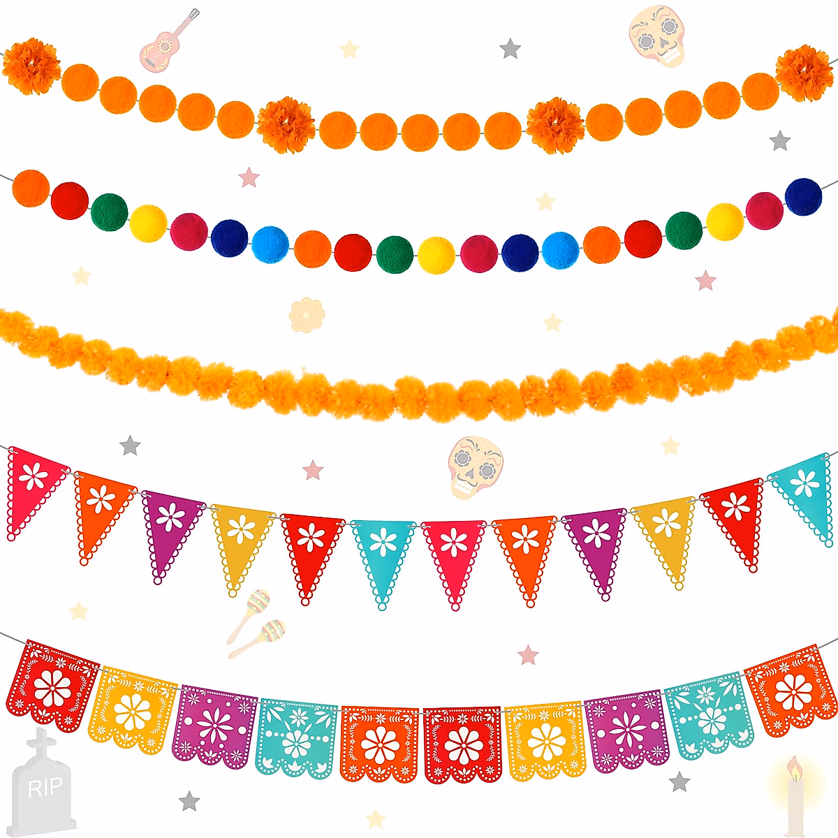 Preboun 5 Pcs Day of the Dead Party Decorations Marigold Flowers Garland Papel Picado Banner Fiesta Cinco De Mayo Banner Pom Pom Wool Felt Ball Garland for Mexican Party Dia De Los Muertos Decorations