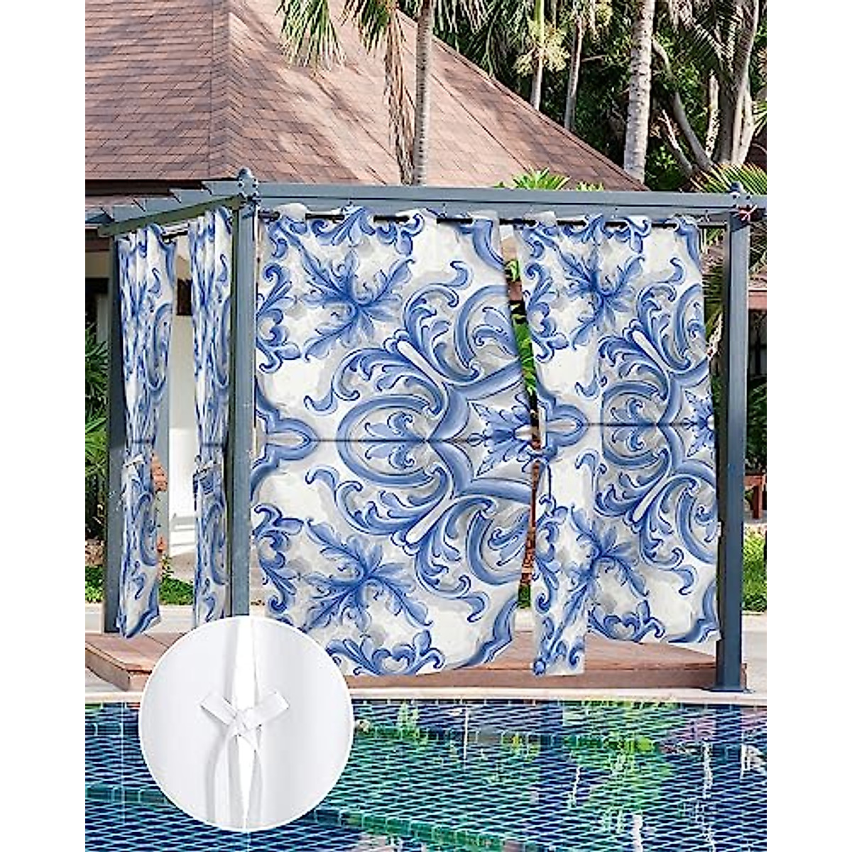 Outdoor Curtains for Patio,Retro Bohemian Tile Pattern Grommet Outside Curtains Windproof Privacy Panels with Tieback,Ethnic Blue Damask Weighted Window Treatment Indoor/Outdoor Drapes 54x84in