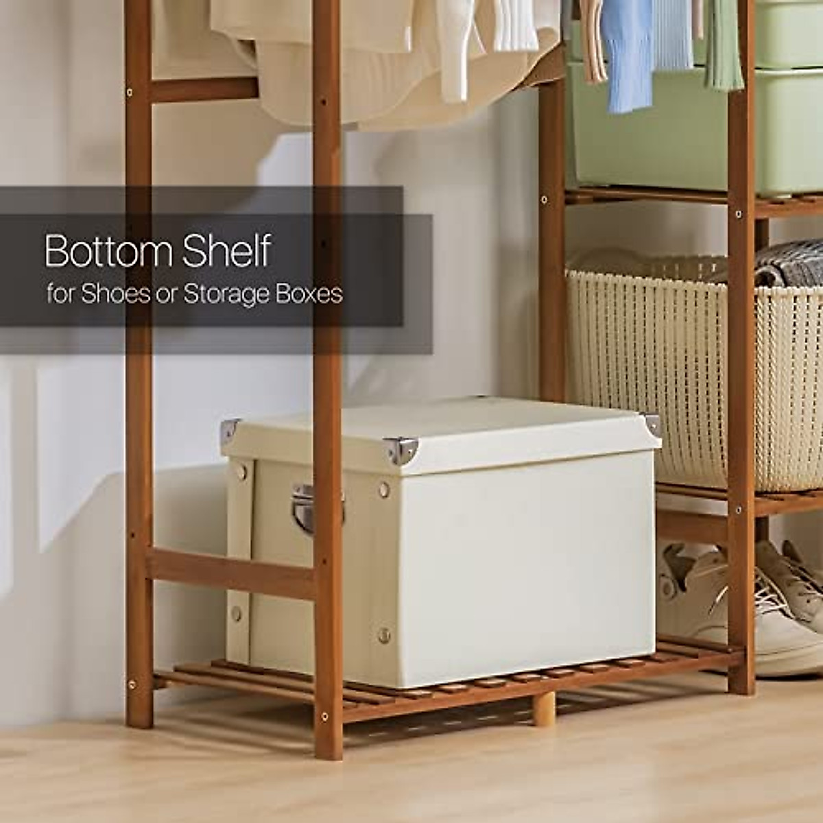 MoNiBloom Bamboo Clothes Rack, 6 Tier Garment Clothing Storage Shelving with Pants Scarves Racks and a Hanging Rob for Bedroom Living Room, Brown