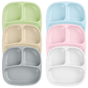 Re-Play Made in USA Deep Walled 3 Compartment Plates, Pack of 6 - Reusable Divided Plates for Kids, Dishwasher and Microwave Safe - Durable Toddler Plates 7.37" x 7.37" x 1.25", Meadow