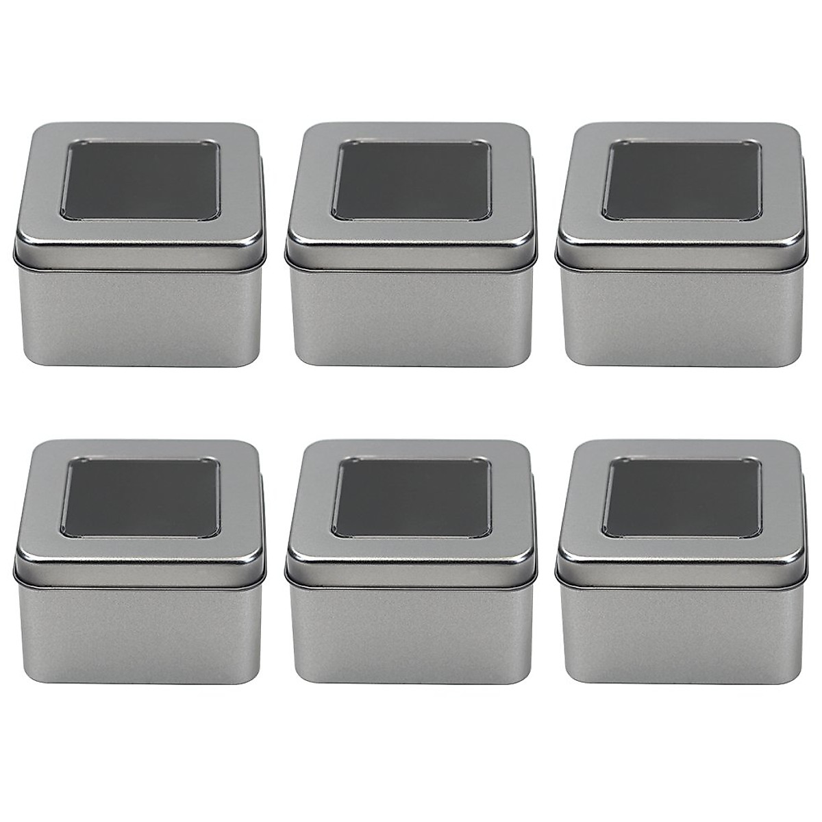 6-Pack of 8 Ounce Metal Box Square Rectangle Storage Tin Container Set with Large Clear Window Lids 3.6 x 3.6 Inches base x 2.4 inches tall