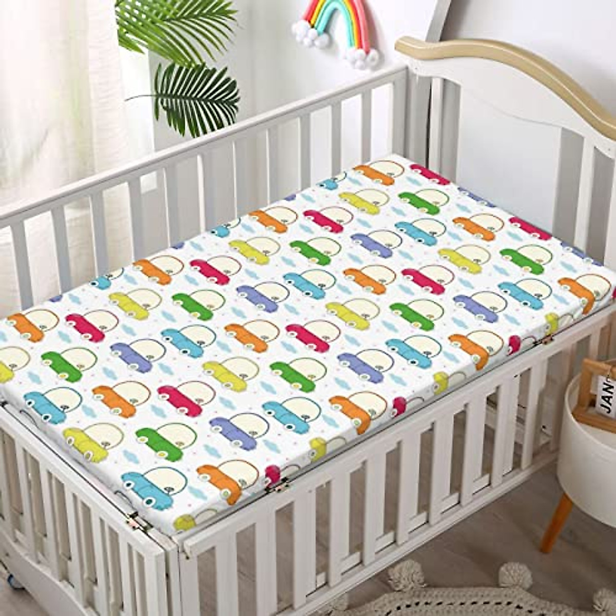 Cars Themed Fitted Crib Sheet,Standard Crib Mattress Fitted Sheet Ultra Soft Material-Crib Mattress Sheet or Toddler Bed Sheet, 28“ x52“,Multicolor