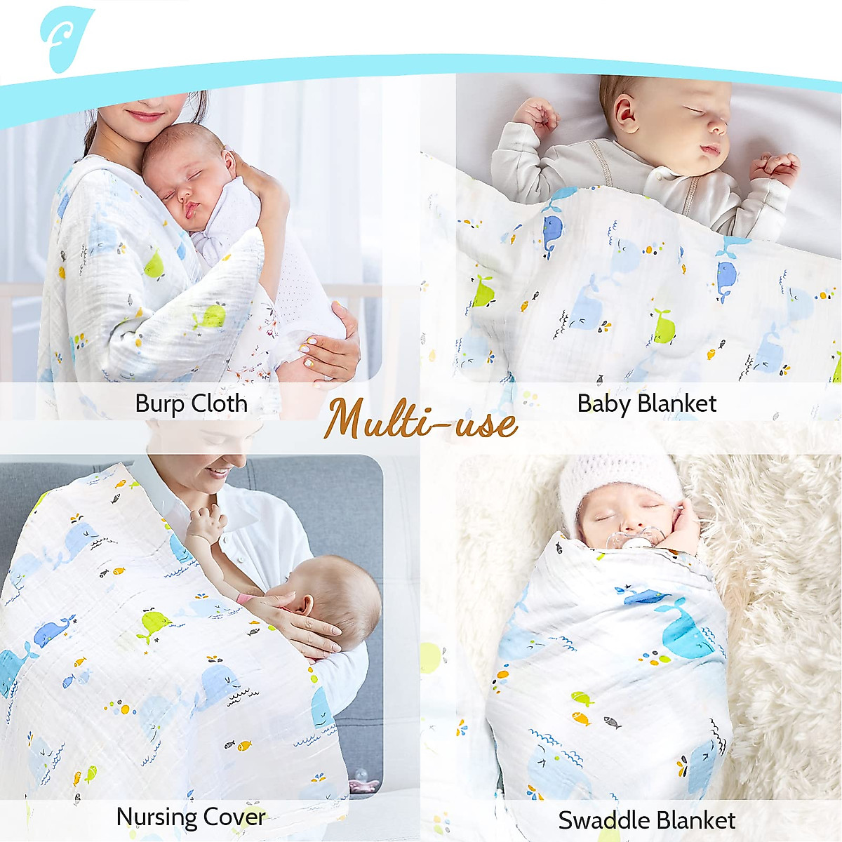 Muslin Swaddle Blankets Neutral Receiving Blanket for Boys and Girls Soft Whale Print Muslin Swaddling Blanket 47 x 47 inches