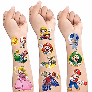 8 Sheets Temporary Tattoos Stickers For Mario, Mario Birthday Party Supplies Decorations Party Favors, Gifts for Boys Girls School Classroom Rewards