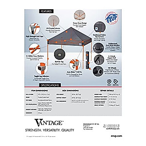 E-Z UP Vantage Instant Shelter Canopy, 10' x 10', White Powder-Coated Steel Frame with Wide-Trax Roller Bag & 4 Piece Spike Set, White