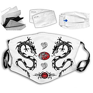 VeJerKK Japanese Dragon Reusable Face Masks with adjustment Earloop,Tattoo Style Indigenous Creatures,Protection 5-ply Breathable Face Masks for women men,White Black