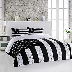 Duvet Cover Sets Black White USA Flag Star and Stripe,3 Pieces Bedding Set Ultra Soft Microfiber Quilt Covers and Pillowcase for Bedroom,Independence Day 4th of July Bed Set All Seasons Use