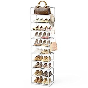 WEXCISE Metal Shoe Rack Organizer 10 Tiers Tall Shoe Rack 20-24 Pairs Narrow Shoe Racks for Closets Entryway Vertical Shoe and Boots Organizer Storage Sturdy White Shoe Shelf Shoe Cabinet