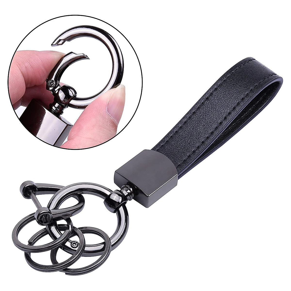 Wisdompro Genuine Leather Car Keychain, Universal Key Fob Keychain Leather Key Chain Holder for Men and Women, 360 Degree Rotatable, with Anti-lost D-ring, 3 Keyrings and 1 Screwdriver - Black