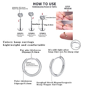Envyou 20G Flat Back Earrings Stud Threadless Hypoallergenic Tragus Cartilage Piercing Jewelry,Small Gold Huggie Hoop Earrings Sets for Multiple Piercing (E: Silver 20G 6/8mm CZ Studs)