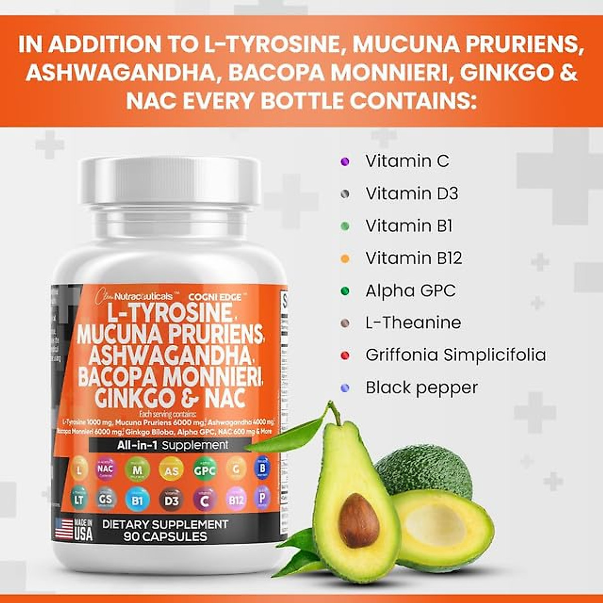 Clean Nutraceuticals L Tyrosine Mucuna Pruriens Bacopa Monnieri Ashwagandha Focus Supplement w/N-Acetyl Cysteine NAC 5-HTP Ginkgo Biloba Alpha GPC Vitamin C D B1 B12