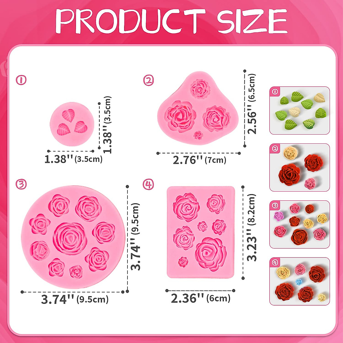 4Pcs Rose Silicone Candy Mold, Mini Flower Fondant Chocolate Silicone Molds for Baking Leaf Mold for Cake Decorating Clay Crafting Candy Soap Ice Cube Wax Melt