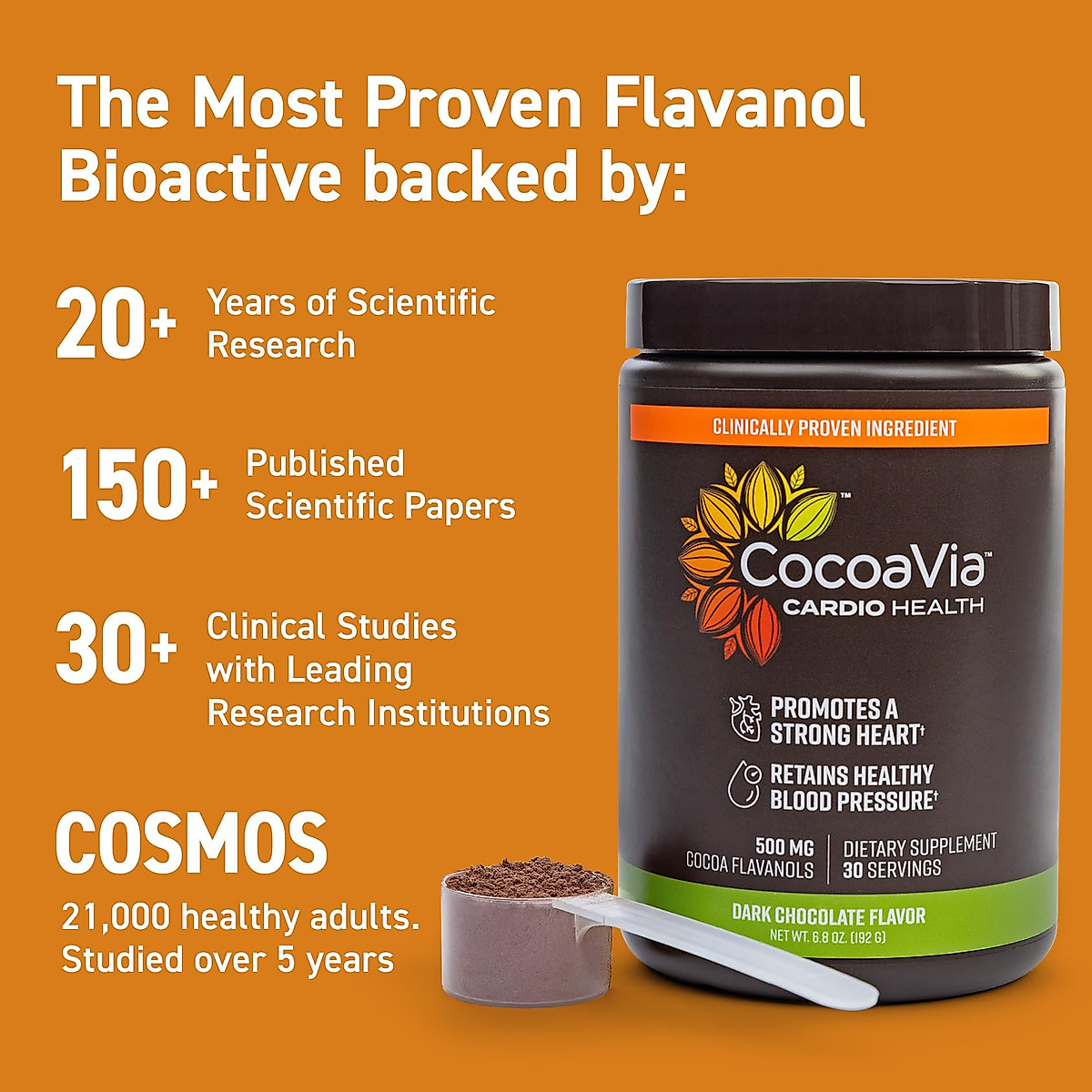 CocoaVia Cardio Health Cocoa Powder, 30 Servings, 500mg Cocoa Flavanols, Support Heart Health, Boost Nitric Oxide, Improve Circulation, Energy, Preworkout, Vegan, Dark Chocolate Cacao