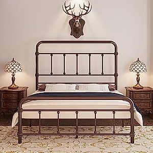 Macbimony Queen-Bed-Frame with headboard Giselle-Vintage Antique-Metal - Platform Mattress Foundation,49 inch High,No Box Spring Needed(Brown)