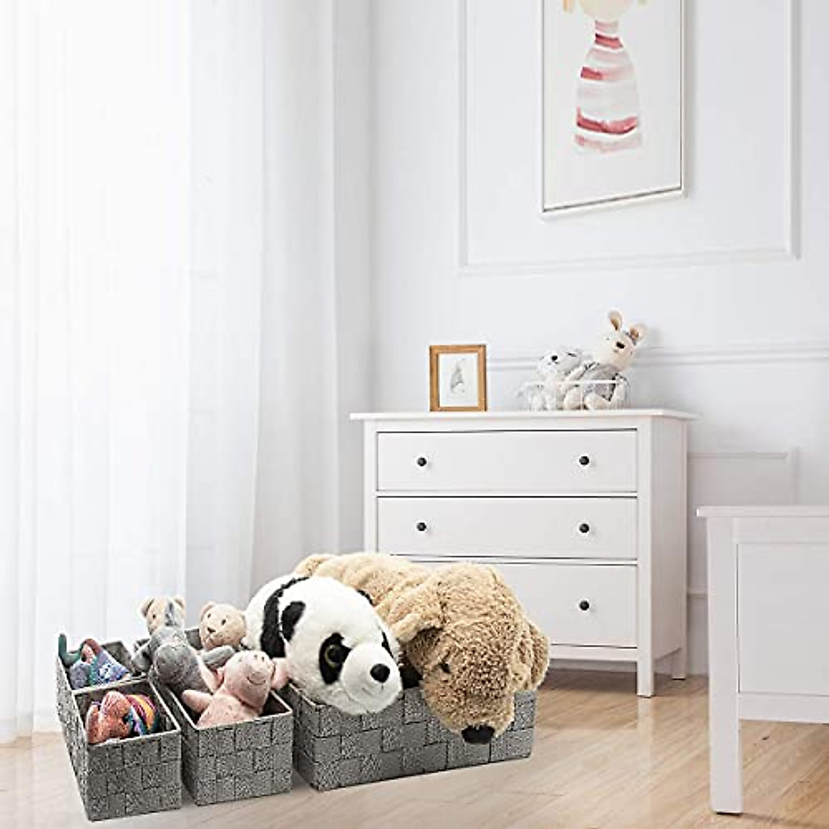 ELONG HOME Woven Storage Basket with Durable Metal Frame, Woven Strap Baskets for Organizing, Set of 4, and Sturdy Belt Organizer 360 Degree Swivel, 11 Large Sturdy Belt Hooks