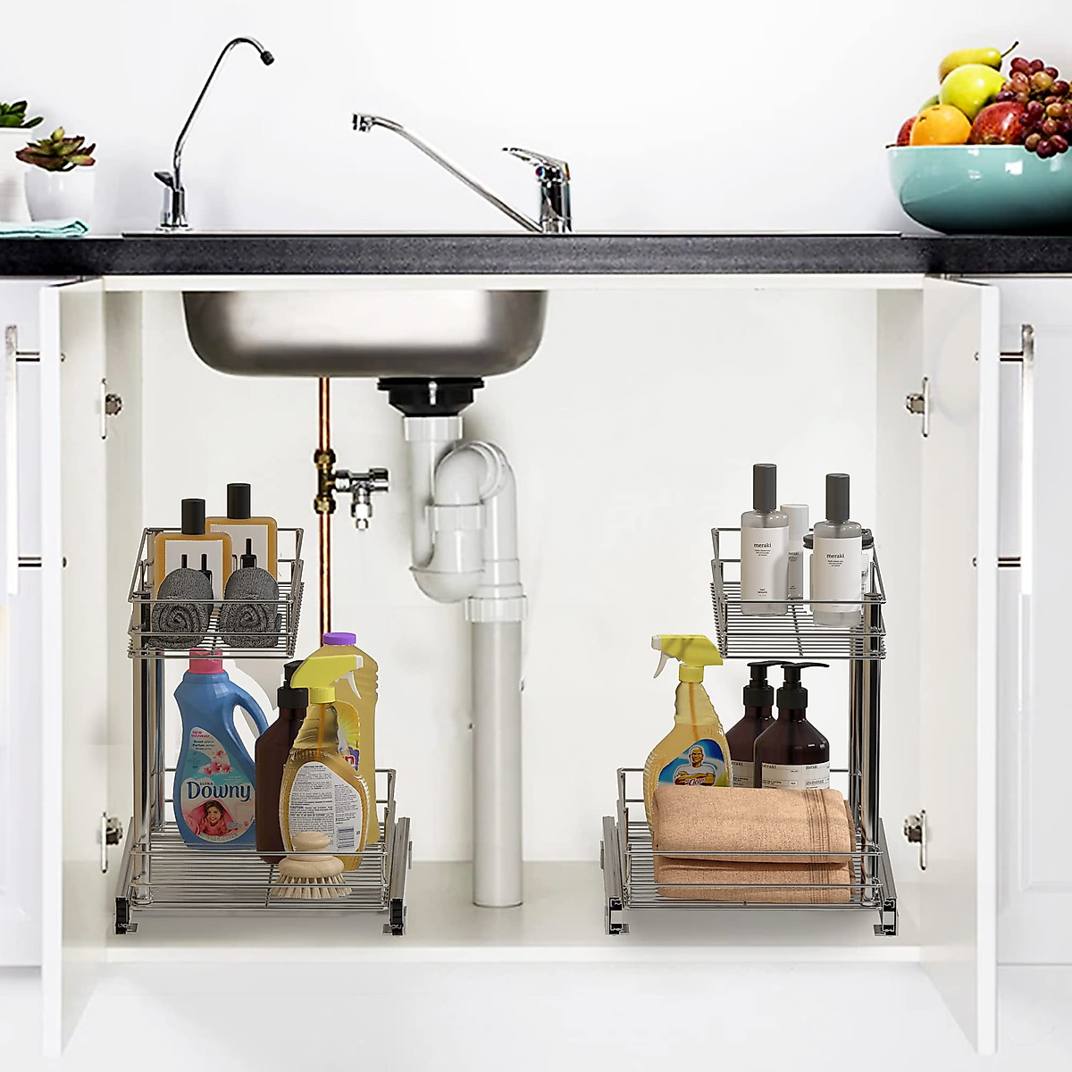 Coralov Pull Out Cabinet Organizer, 9 INCH Under Sink Slide Out Storage Shelf with 2 Tier Sliding Wire Drawer