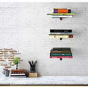 Decorative Invisible Floating Bookshelf with Wooden Rod, Wall Mounted Metal Book Organizer Shelf, for Home, Office, Library, Study, Livingroom, Bedroom, Set of 3 Walnut.