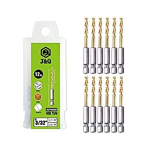 J&Q 3/32 Inch Twist Hex Shank Drill Bits, HSS Sharp Impact Driver Drill Bits for Steel, Copper and Aluminum Alloy (Pack of 12 Identical Pcs)