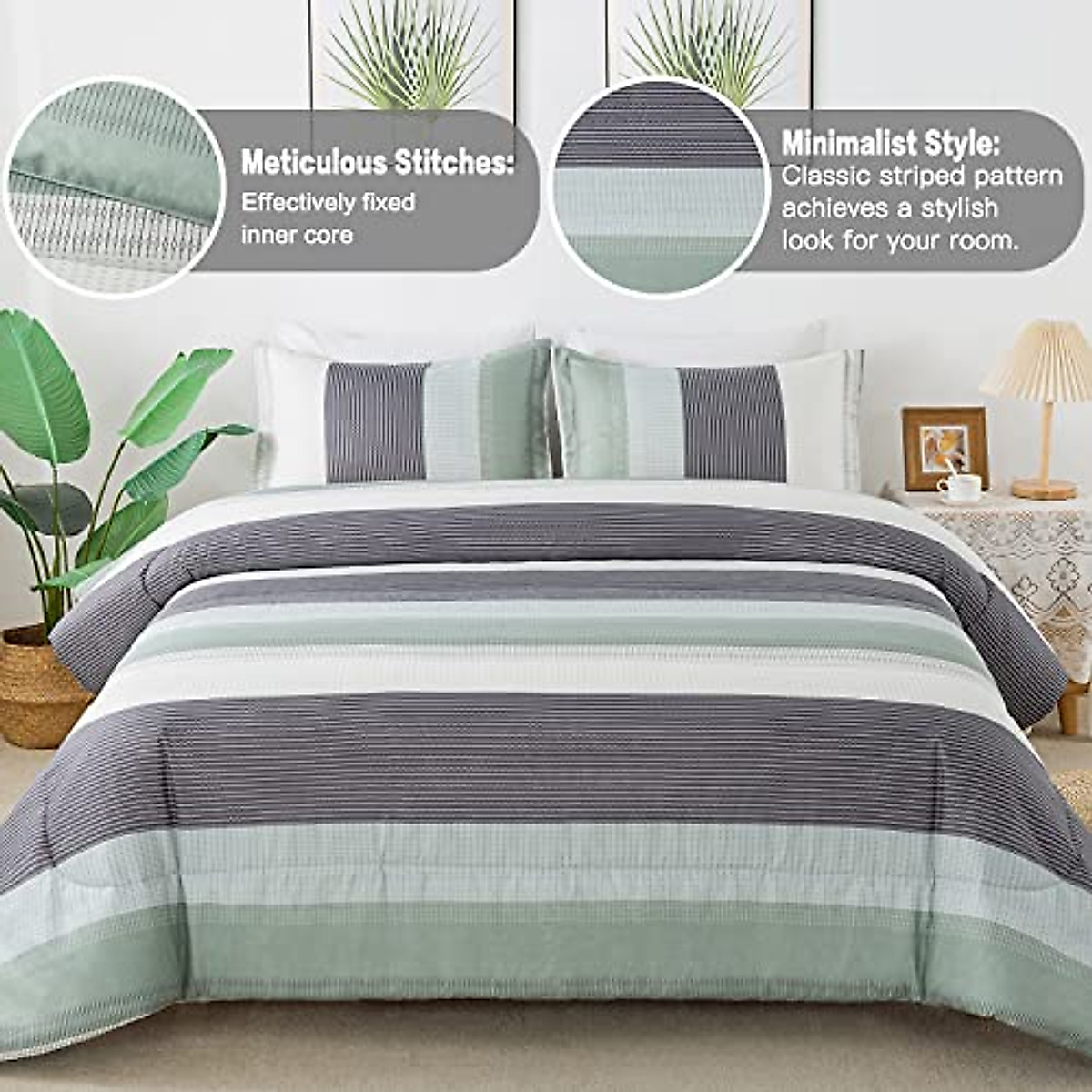 Litanika Queen Comforter Set Sage Green - 3 Pieces Lightweight Bedding Comforter Sets, Light Green White Colorblock Stripe Fluffy Bed Set, All Season Down Alternative