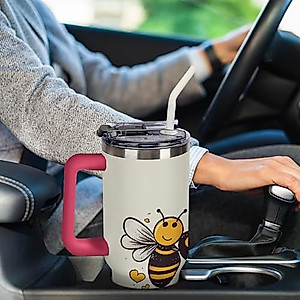 FHENMSA 40 Oz Insulated Coffee Mug Tumbler with Handle,Bee Love Honey Print Insulated Tumbler,Stainless Steel Travel Mug with Lid And Straw