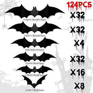 Big Size Bat Wall Decor Stickers, 124pcs Indoor Large Bats Halloween Decorations, DIY 3D Gothic Bats Decor, PVC Bat Stickers for Gothic House, Hunted Mansion, Ghost House, Goth Decor