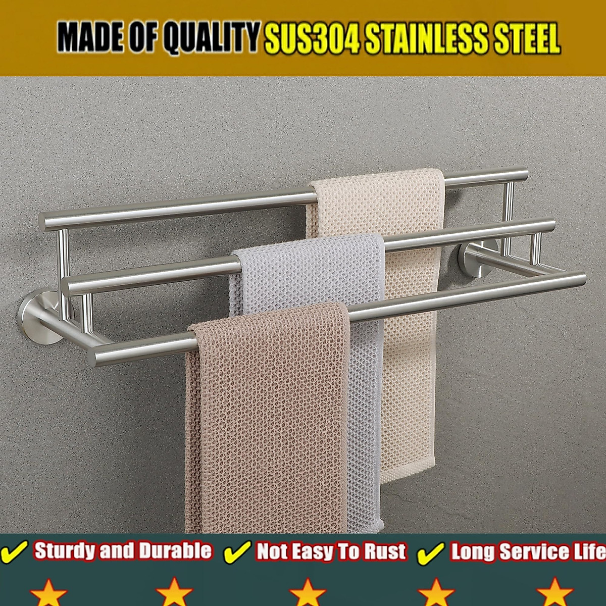 Alise Bath Towel Bars Towel Racks for Bathroom Lavatory,3 Towel Rails Large Towel Holder SUS304 Stainless Steel Towel Hanger Wall Mount,Brushed Nickel GYT6903-LS