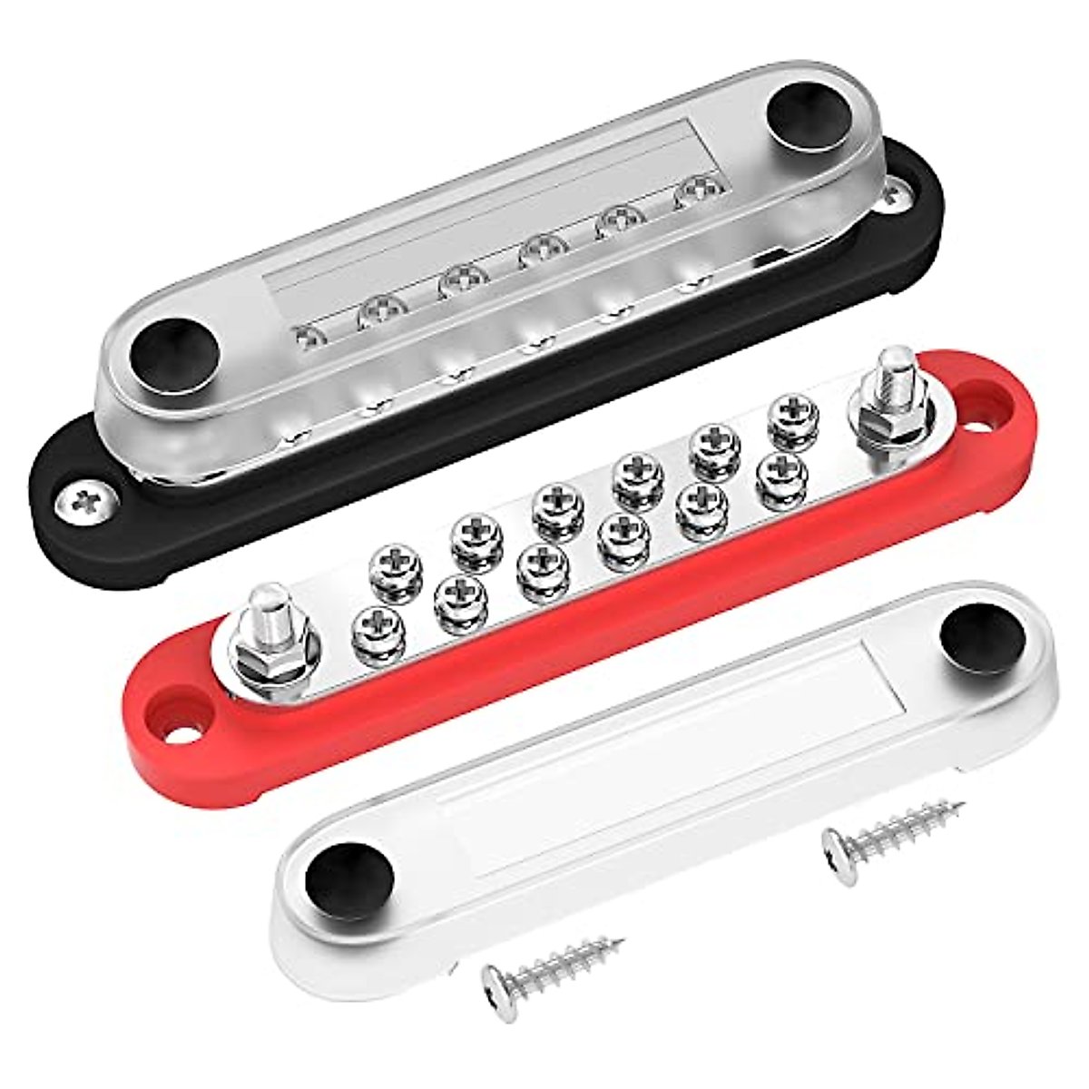 DaierTek 12V Power Distribution Block 2 x 1/4" (M6) Terminal Studs 12 x M4 (#8) Terminal Screws Battery Bus Bar Terminal Block Max 48V Positive & Negative Busbar for Automotive Car Boat