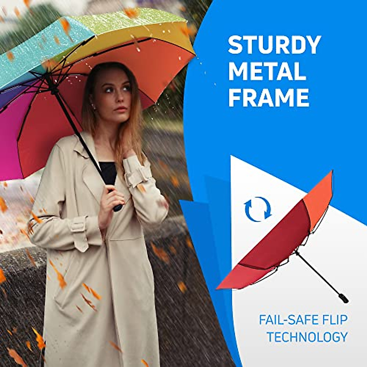 Rain-Mate Compact Travel Umbrella - Pocket Portable Folding Windproof Mini Umbrella - Auto Open and Close Button and 9 Rib Reinforced Canopy (Rainbow)