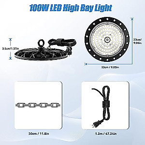 Royana 100W LED High Bay Light 10000lm Led Garage Light, 6000K Garage Ceiling Lights, Led Shop Light with US Plug Barn Light for Commercial Garage Warehouse Factory