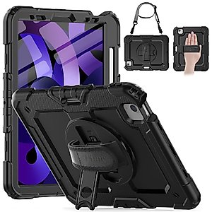 Timecity Case for iPad Air 5th Generation 2022/ for iPad Air 4th Generation 2020-10.9 inch, Durable Sturdy Protection Case with Pencil Holder Screen Protector [360 Rotating Stand] Hand Strap- Black