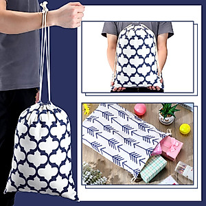 Jexine 6 Pcs 19 x 13 Inches Large Drawstring Gift Bag Geometric Pattern Canvas Drawstring Bag Blue Stripe Fabric Bag Reusable Sport String Bag for Birthday Christmas Holiday Party Supplies