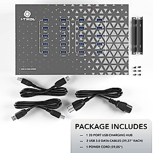 Powered USB Hub – 20 Port USB 3.0 Hub - 5Gbps Sync & High-Speed Data Transfer Multiple USB Splitter with Built-in 5V 40A Power Adapter - Fan & Mounting Brackets for Phone MB Laptop Tablet PC - 110V