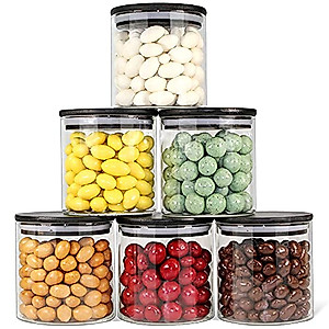Urban Green Glass Jars with Black Lids, Glass food storage sets with airtight black lids, Glass Canisters Sets with Bamboo Lids, Glass Storage Containers with Bamboo Lids (6 Sets of 20oz)