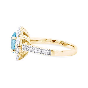 GEMVIO Collection 3 1/2 CT Cluster Halo Design, 6X8MM Oval Blue Topaz & Cubic Zirconia Ring 14k Yellow Gold Over Sterling Silver Engagement Wedding Promise Ring For Womens (3.50Cttw) Ring Size-7.5