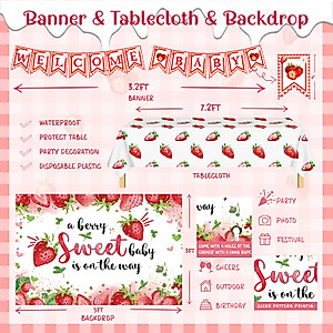 147pcs Strawberry Baby Shower Decorations Kit, A Berry Sweet Baby is on the Way Decorations Supplies, Strawberry Backdrop Tablecloth Balloon Cake Cupcake Topper Box Sash Banner for Baby Shower Girl