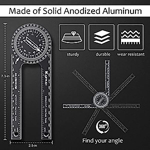 Kynup Aluminum Angle Finder, Miter Saw Protractor with 2 Pencils/Storage Bag Featuring Inch/MM, Laser Engraved Scales for Woodworking, Carpentry, Plumbing, Metalworking