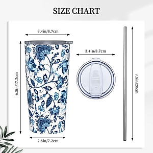 JASROTAO Blue White Porcelain Tumbler,Ceramics 20oz Stainless Steel Insulated Travel Tumbler,Travel Coffee Mug with Lid and Straw Water Bottle Drink Tumbler Cups Gifts for Women Men Lovers