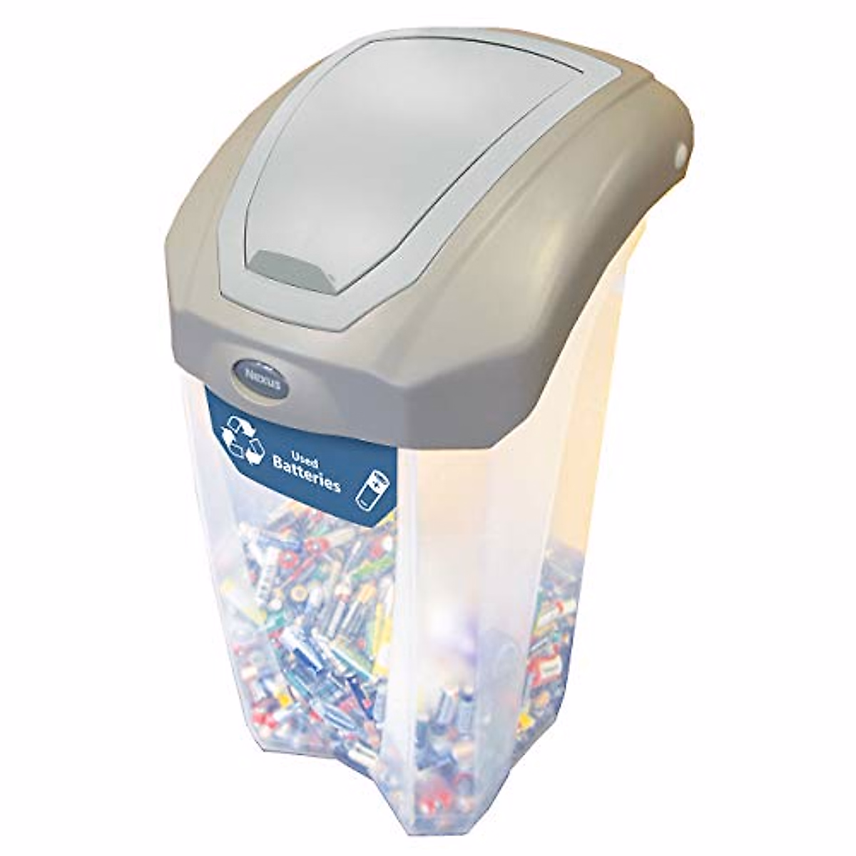 Glasdon Nexus 8G C-Thru Battery Recycling Bin (Transparent, Blue Sticker) – 8-Gallon Battery Disposal Container with Clear Polycarbonate Exterior – Small Battery Recycling Container with Grey Flip Lid