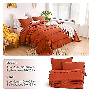Sanracie Terracotta Comforters Queen Size Set Boho,Burnt Orange Pom Pom Farmhouse Bedding Sets Queen Bed Comforter Set 3 Pieces