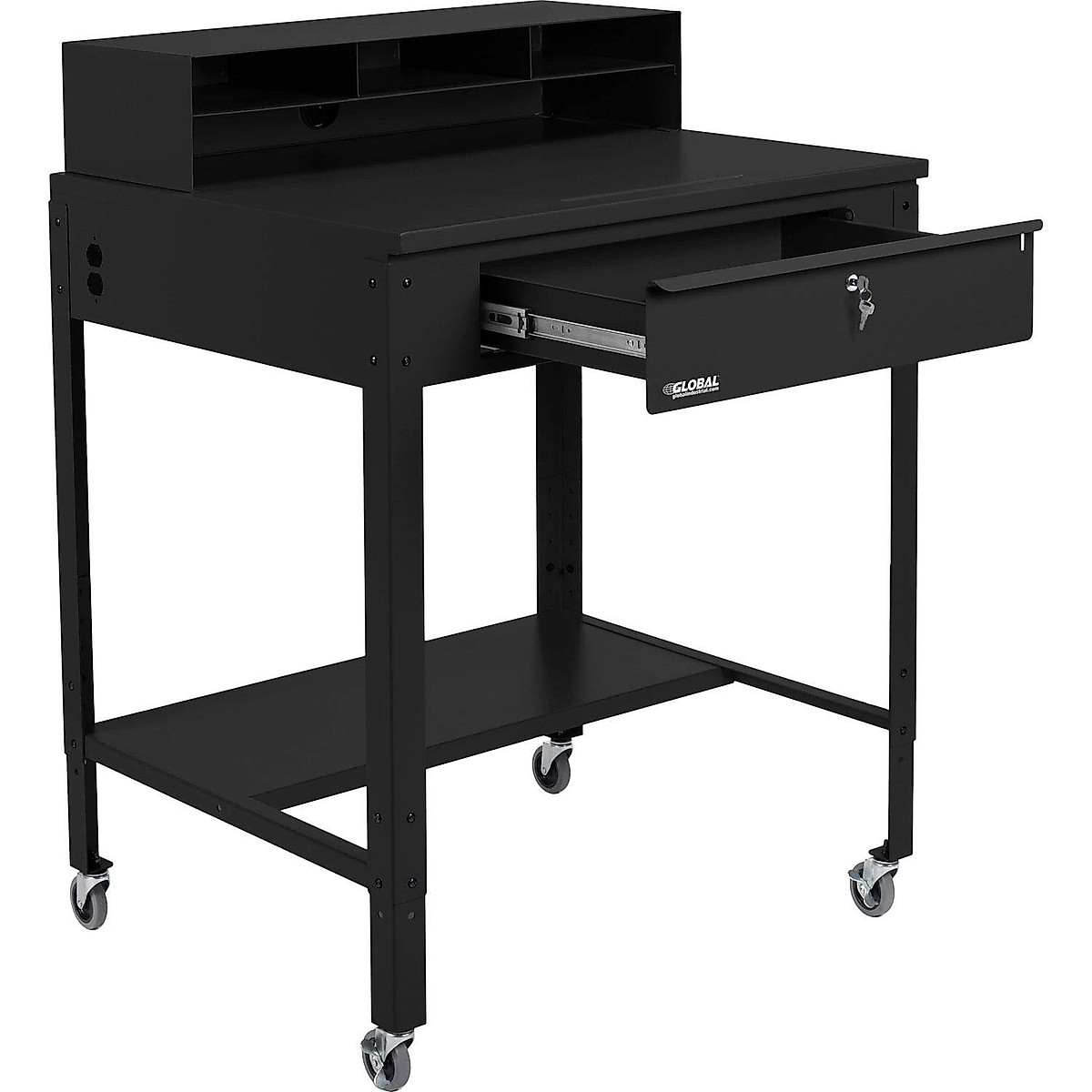Global Industrial 34-1/2"W x 30" D x 38" H Mobile Shop Desk with Pigeonhole Compartment Riser Flat Surface, Black