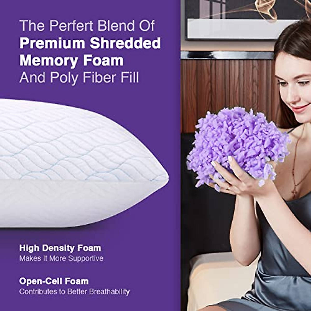 WISHSMILE Cooling Shredded Memory Foam Pillows for Sleeping Cool Cold Pillow Standard Size Set of 2 with Zipper, Adjustable Firmness to Hot, Side, Back and Stomach Sleepers, 2 Pack, 20x26