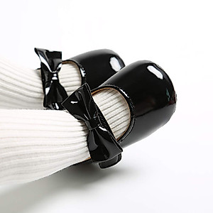 myppgg Baby Girls Mary Jane Flats Infant Bowknot Princess Dress Crib Shoes Non-Slip for Toddler First Walkers Black, 12-18 Months Toddler