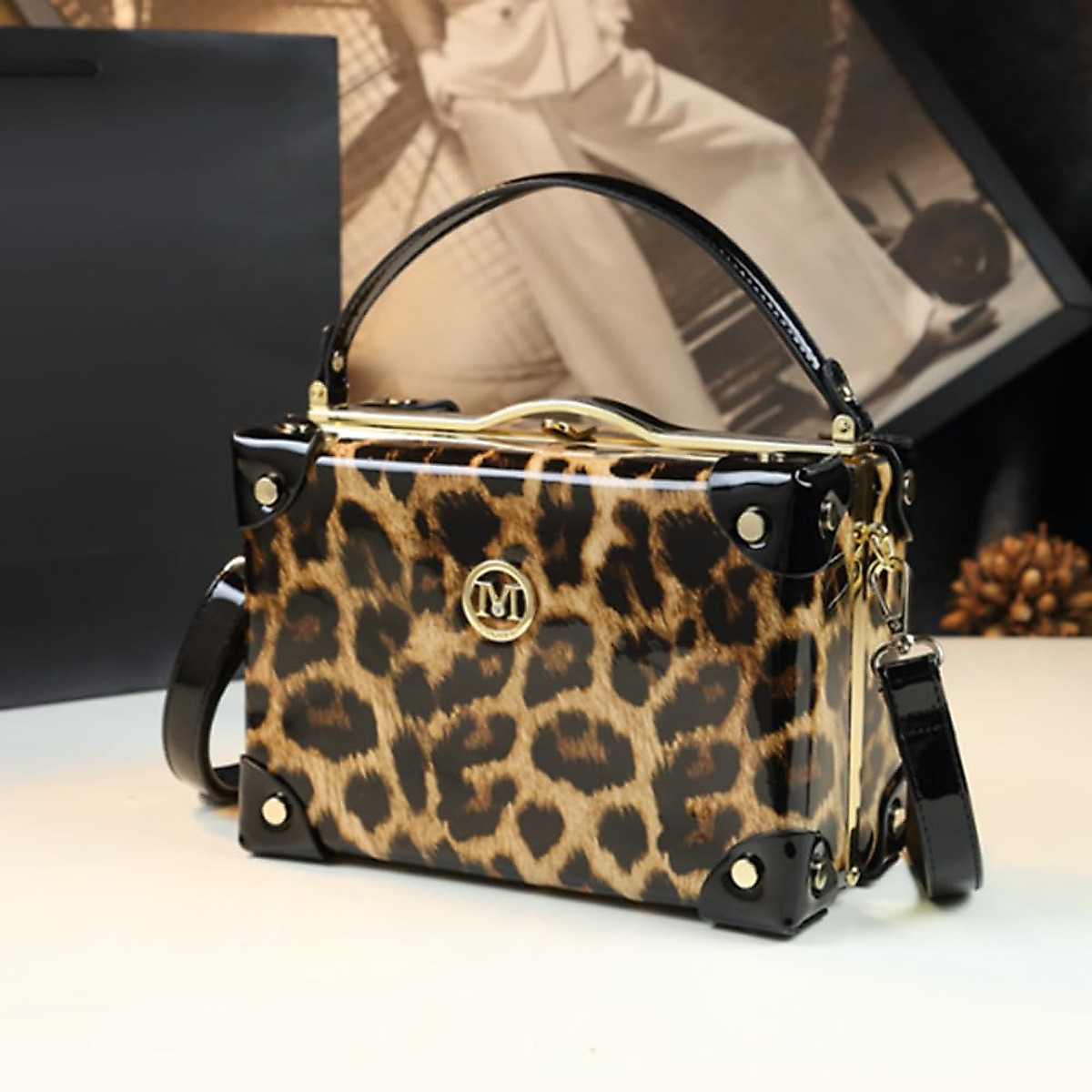 HANSOMFY Fashion Women's Top Handle Satchel Handbags Leather Evening Bag Purses Small Hard Square Box Shoulder Bags (Leopard)