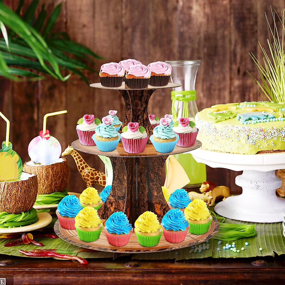Ira Pollitt 2 Pcak 3 Tier Woodland Cupcake Stand Wooden Cupcake Stand Tower Wood Birthday Party Supplies for Woodland Forest Birthday Party Decor Supplies