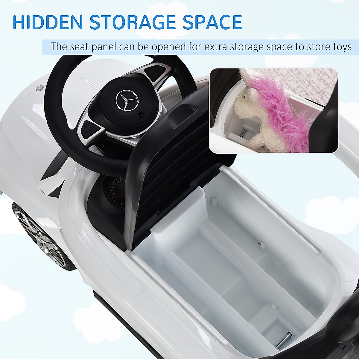 Aosom 3 in 1 Kids Ride on Push Car Stroller Sliding Walking Car for Toddler with Underneath Storage, Horn, Music, Working Steering Wheel, White