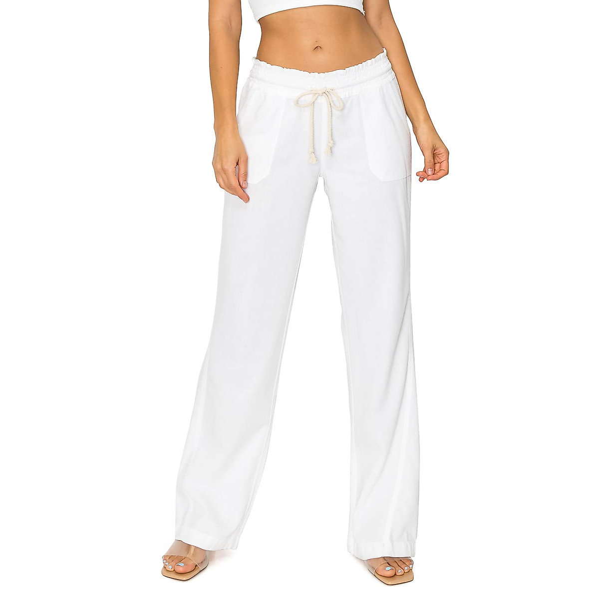 Cali1850 Women's Casual Linen Pants 32" Inseam Oceanside Drawstring Smocked Waist Lounge Beach Pants with Pockets White X-Large