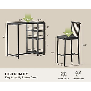 Gizoon Bar Table and Chairs Set for 2 with 3 Storage Shelves, Modern Pub Table Set with Pu Cushion Chairs & Thick Wood Top for Breakfast, 3-Piece Small Table for Kitchen - Black