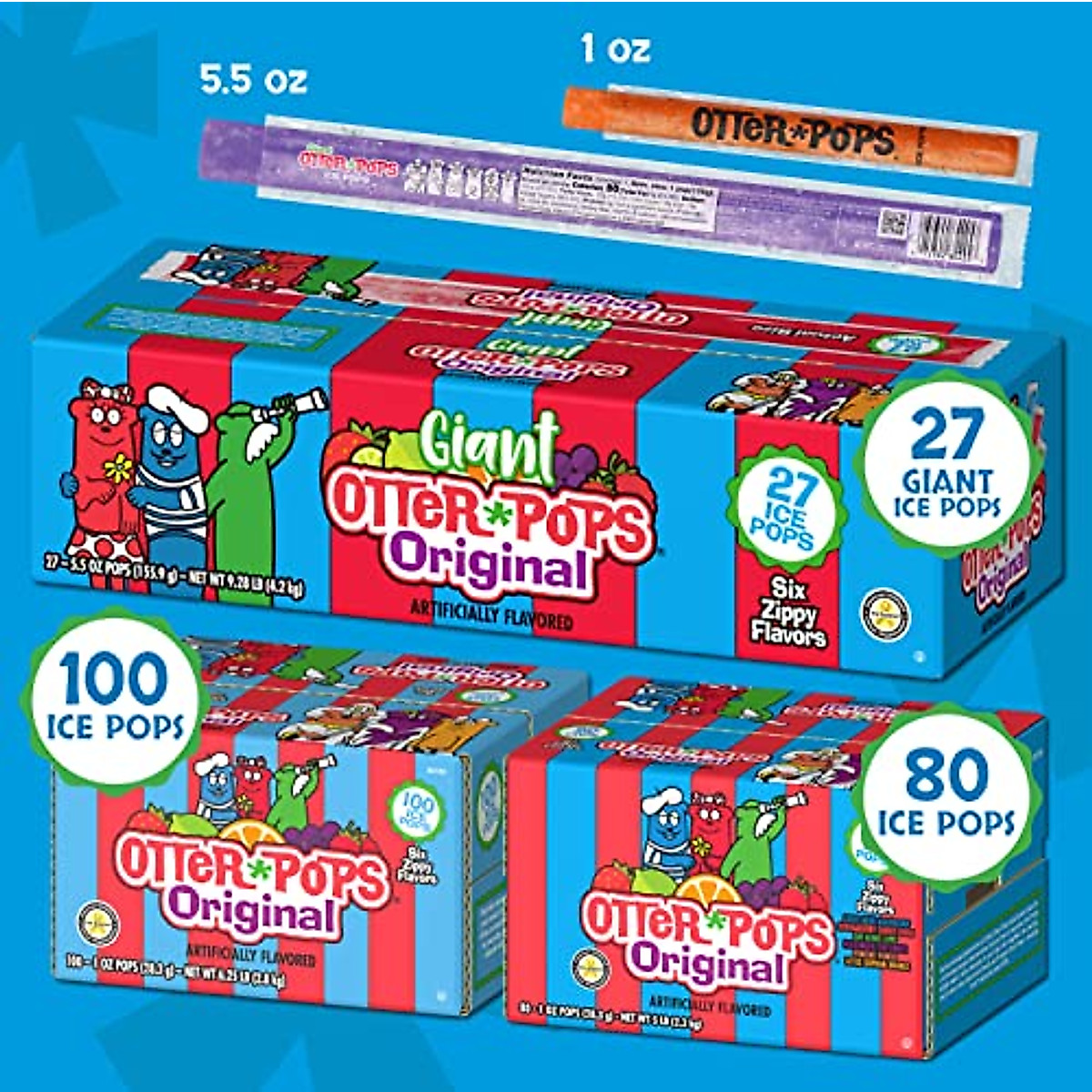 Otter Pops, Original Assorted Freezer Pops, 1oz Freeze Pops in Six Zippy Flavors, 100 Count, (85100)