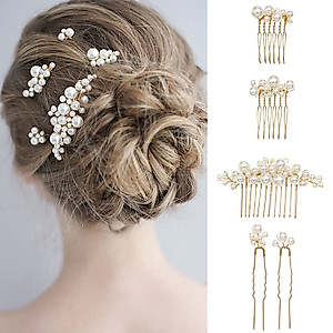 Sppry Wedding Pearl Hair Combs Set of 5 PCS - Elegant Hair Accessories for Bridal Women (Gold)