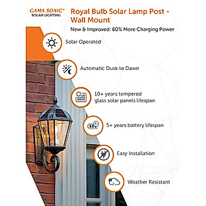 GAMA SONIC Solar Outdoor Wall Light, Royal Bulb Exterior Sconce Lamp, Weathered Bronze Finish Aluminum, Beveled Glass, Warm White LED with Omni-Direction Reflector, 98B310 (Upgraded Panel and Battery)